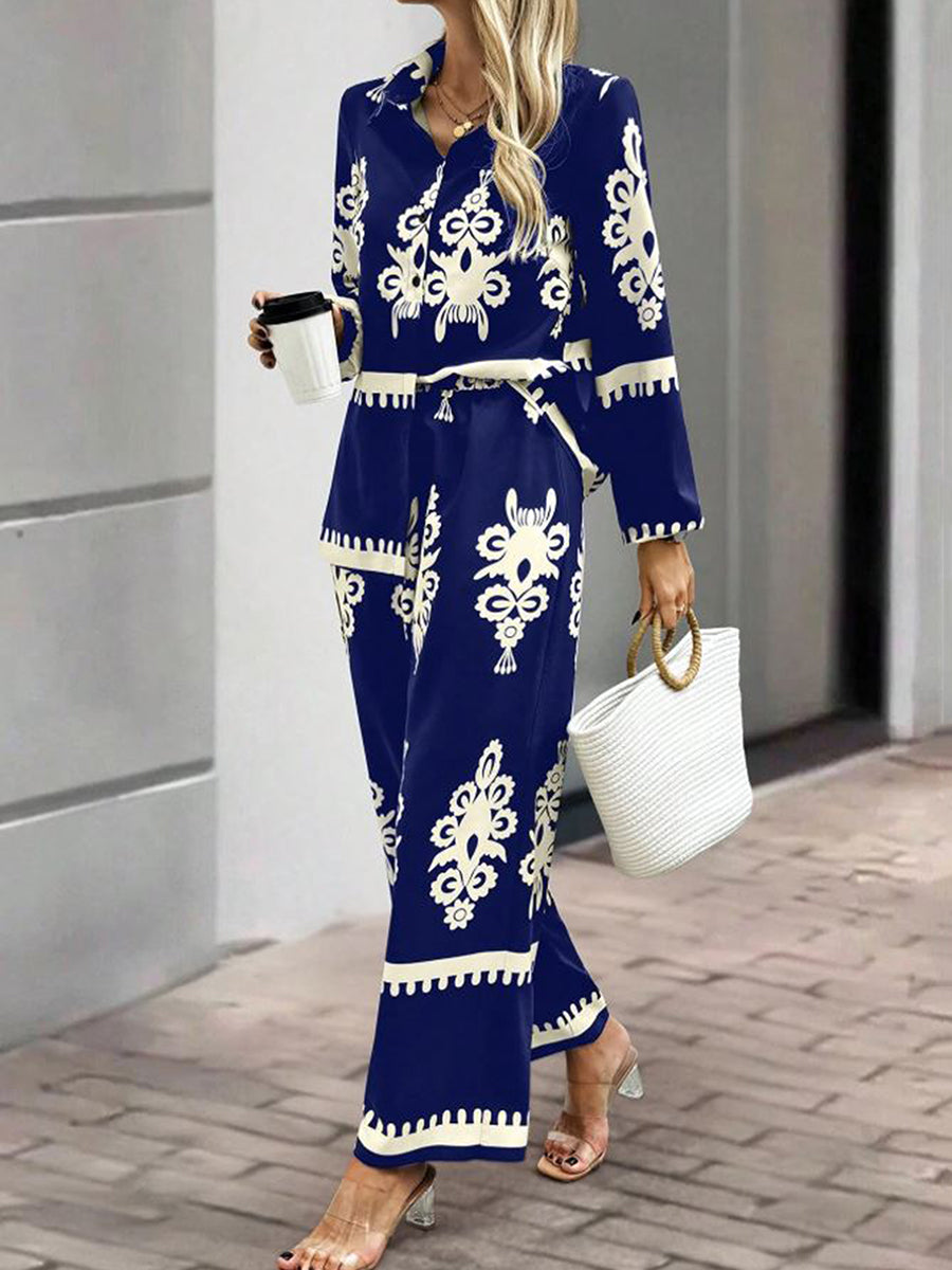 Dusk Meadow Floral Printed Royal Crape Co-ord Set – Blue – CEORA